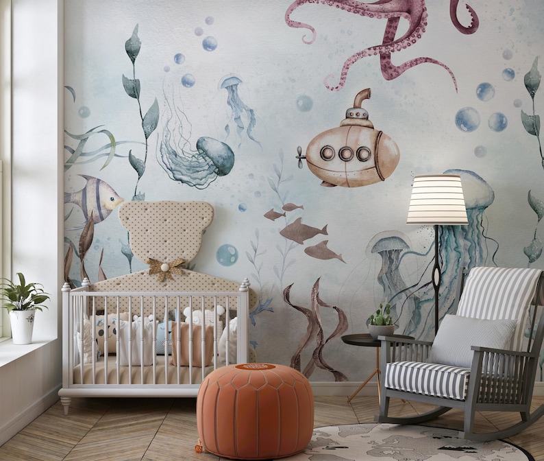 Submarine Kids Wallpaper, Sea Life Wall Mural ,peel and Stick Nursery ...
