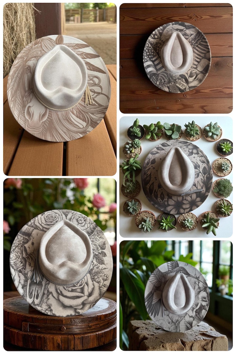 Khaki Wide Brim Rancher Hat With Laser Engraved Wildflowers - Etsy