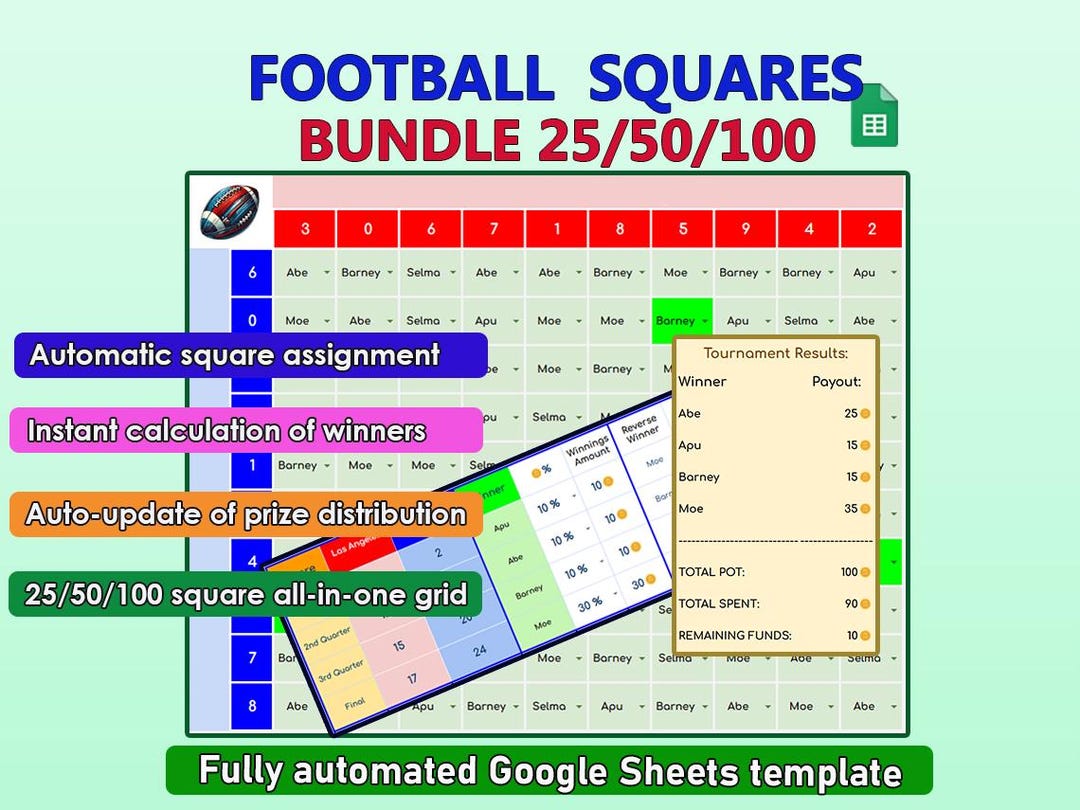 Football Squares Spreadsheet, 100-50-25 Grid, Big Game Pool (digital ...