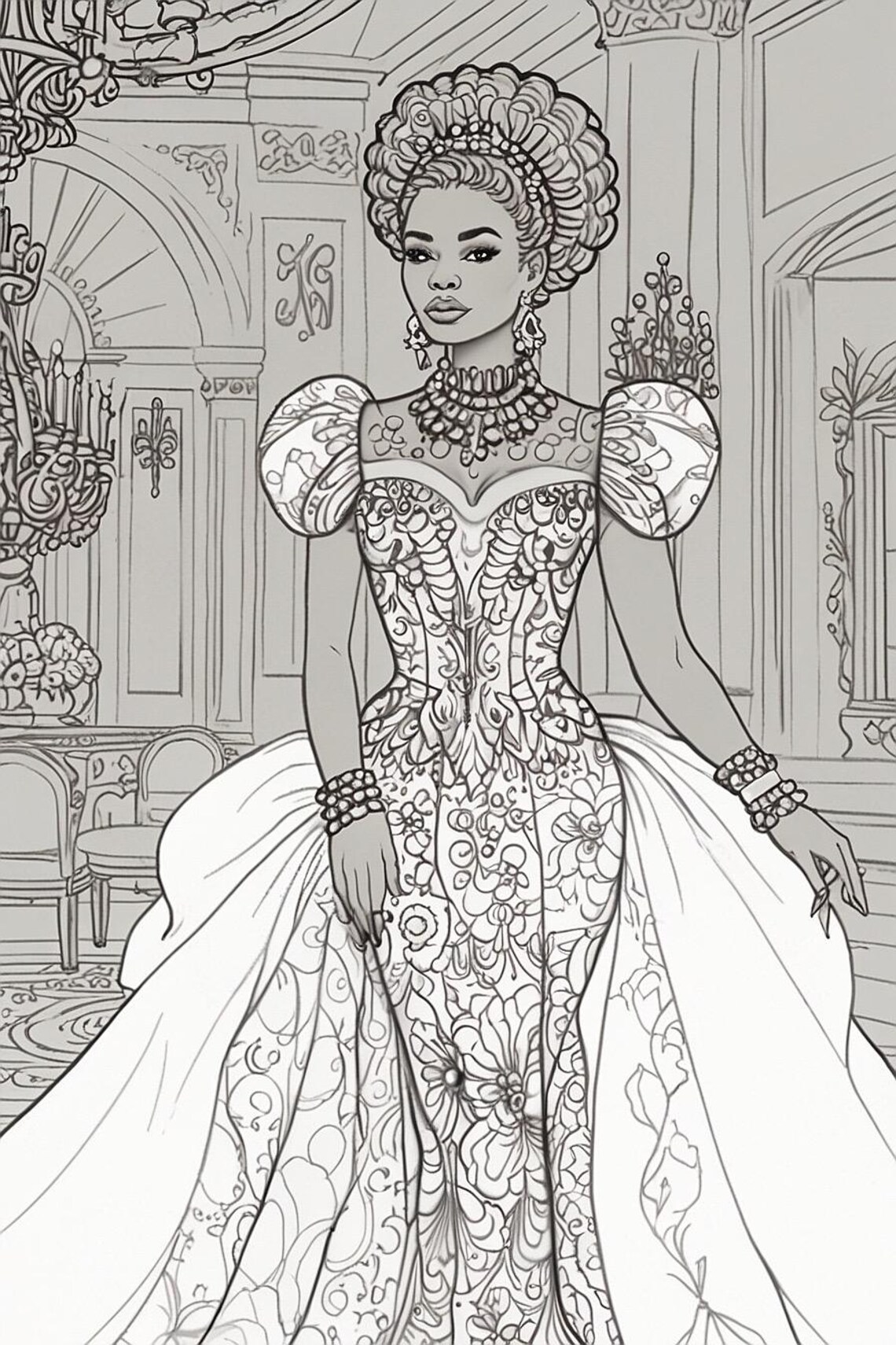 Regal Coloring Book of an Elegant Black Woman in Intricate Royal Attire ...
