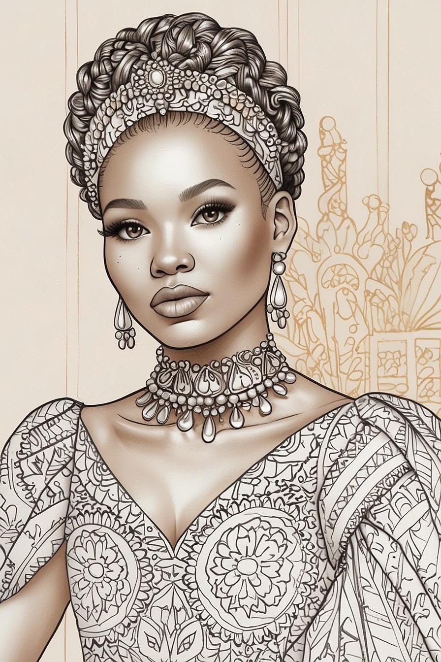 Regal Coloring Book of an Elegant Black Woman in Intricate Royal Attire ...