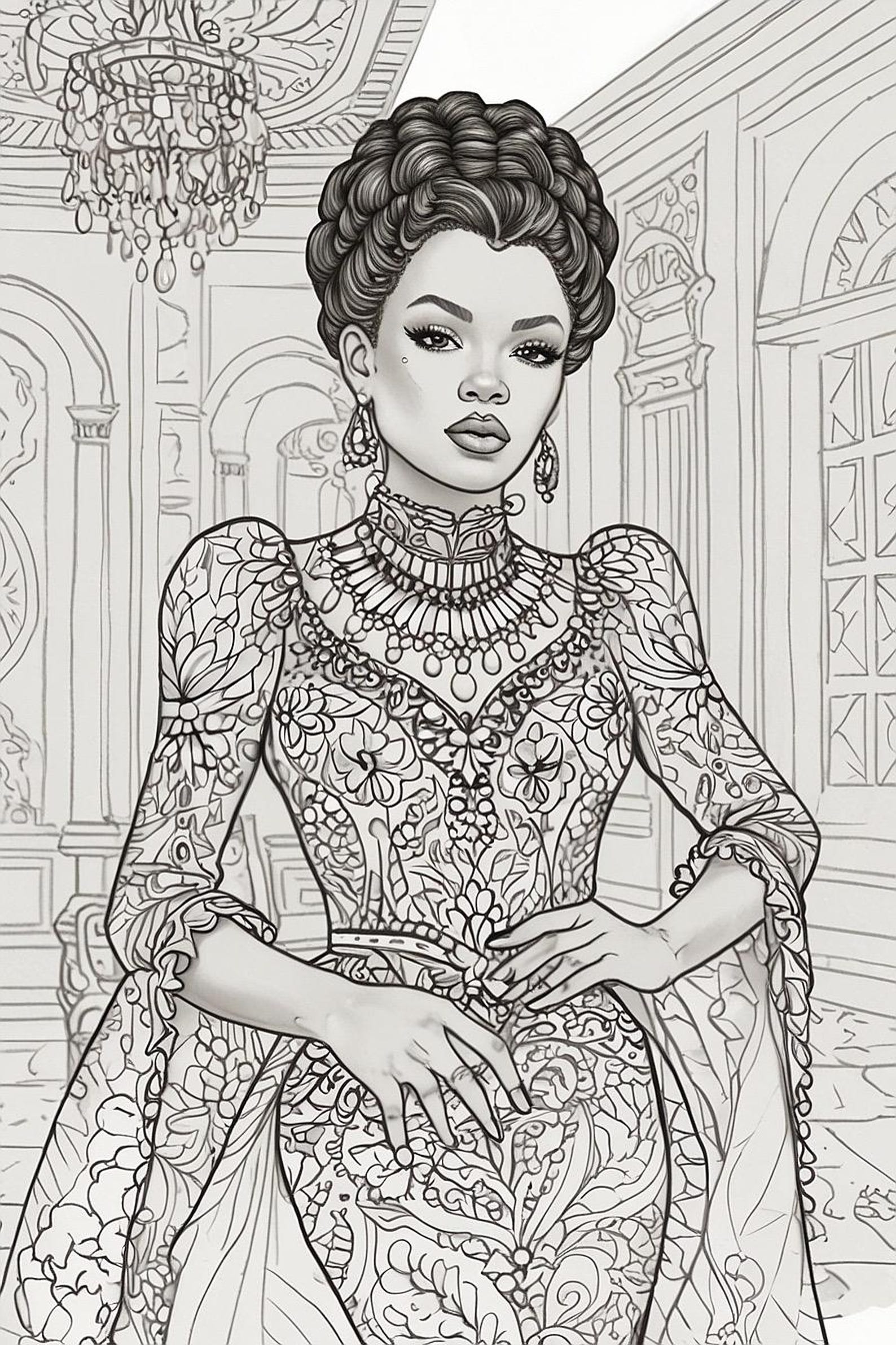 Regal Coloring Book of an Elegant Black Woman in Intricate Royal Attire ...