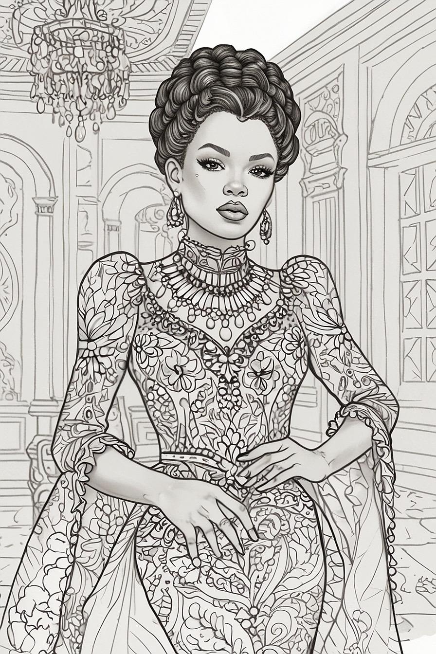 Regal Coloring Book of an Elegant Black Woman in Intricate Royal Attire ...