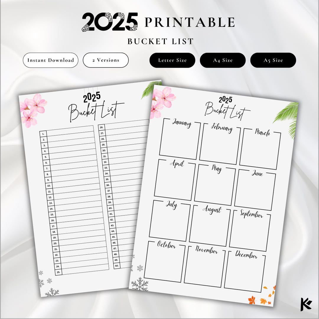 Printable Bucket List 2025, Life Goals Planner, Check List Template ...