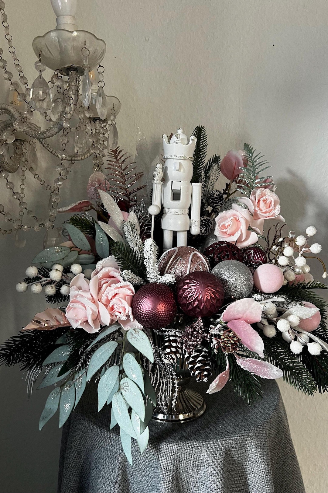Nutcracker Christmas Centerpiece | Pink Floral Arrangement, Snow Effect ...