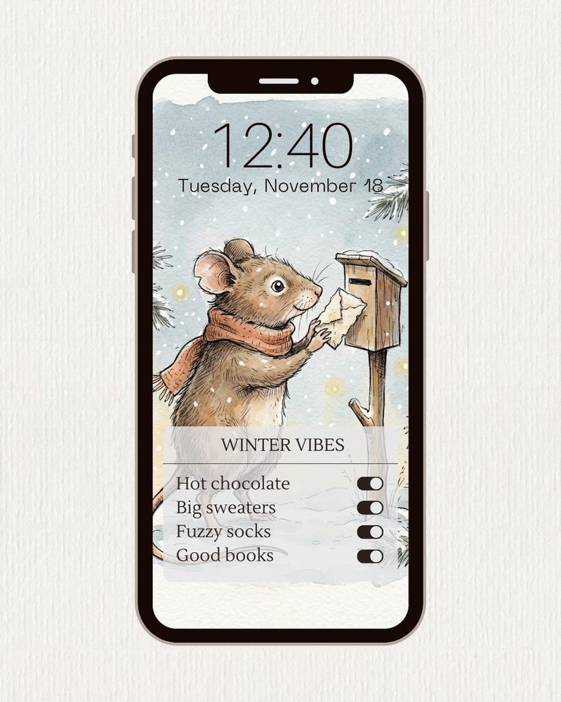 Christmas Mouse Watercolor Phone Wallpaper • Winter Holiday (digital ...