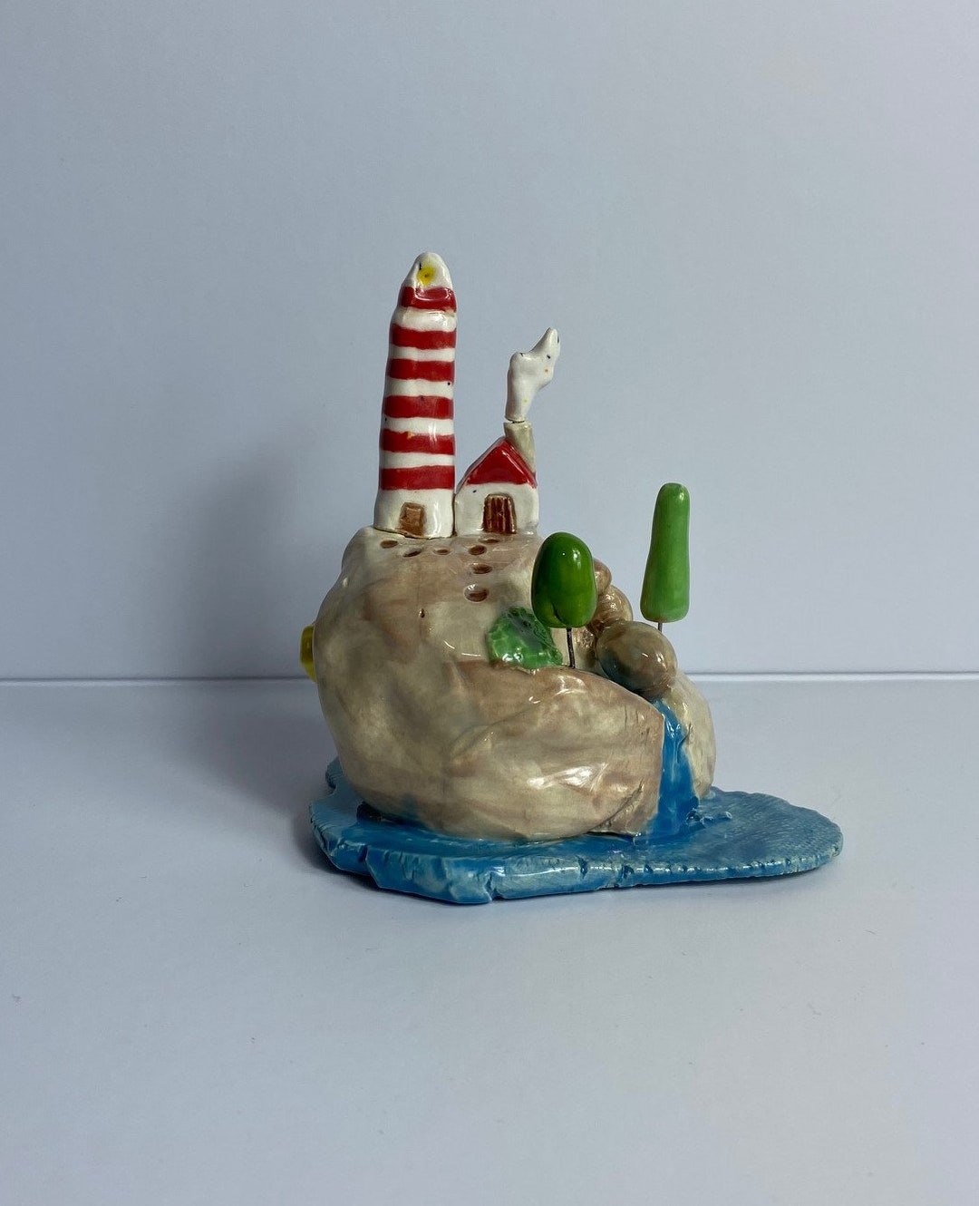 Whimsical Little Ceramic Lighthouse Lighthouse on a Rock Miniature Hand ...