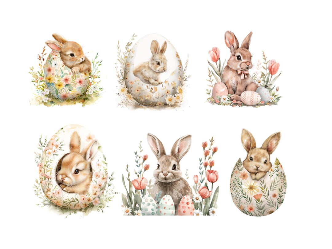 Easter Bunny in Egg Clipart Bundle, Woodland Watercolor Bunny PNG Set ...