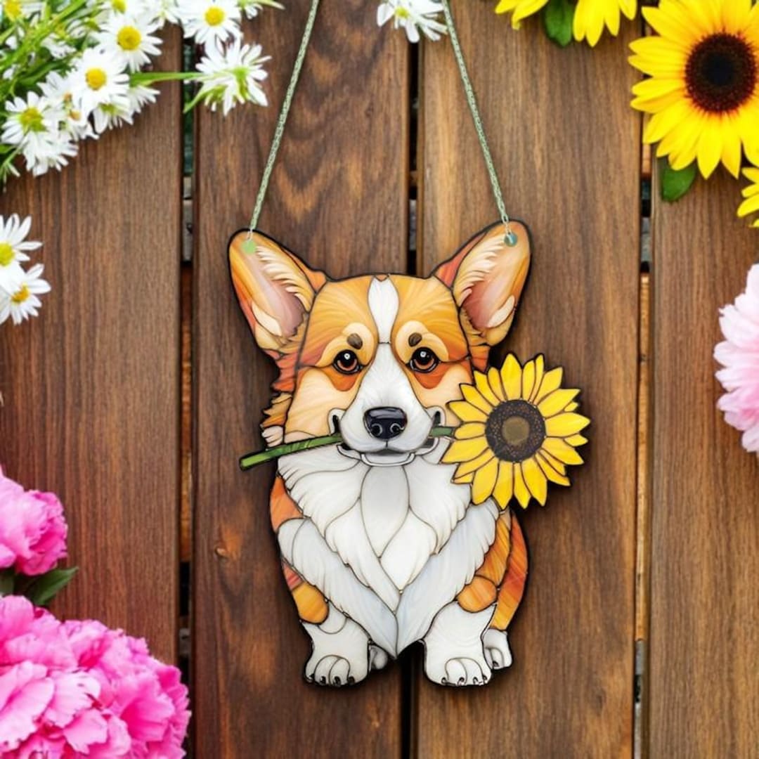 Corgi With Sunflower Acrylic Window Hanging – Cute Dog Lover Decor ...