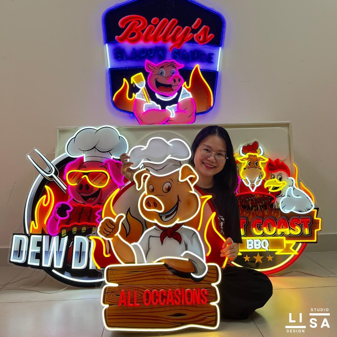Custom Porky BBQ Logo Artwork Led Neon Sign, BBQ Neon Sign, Restaurant ...
