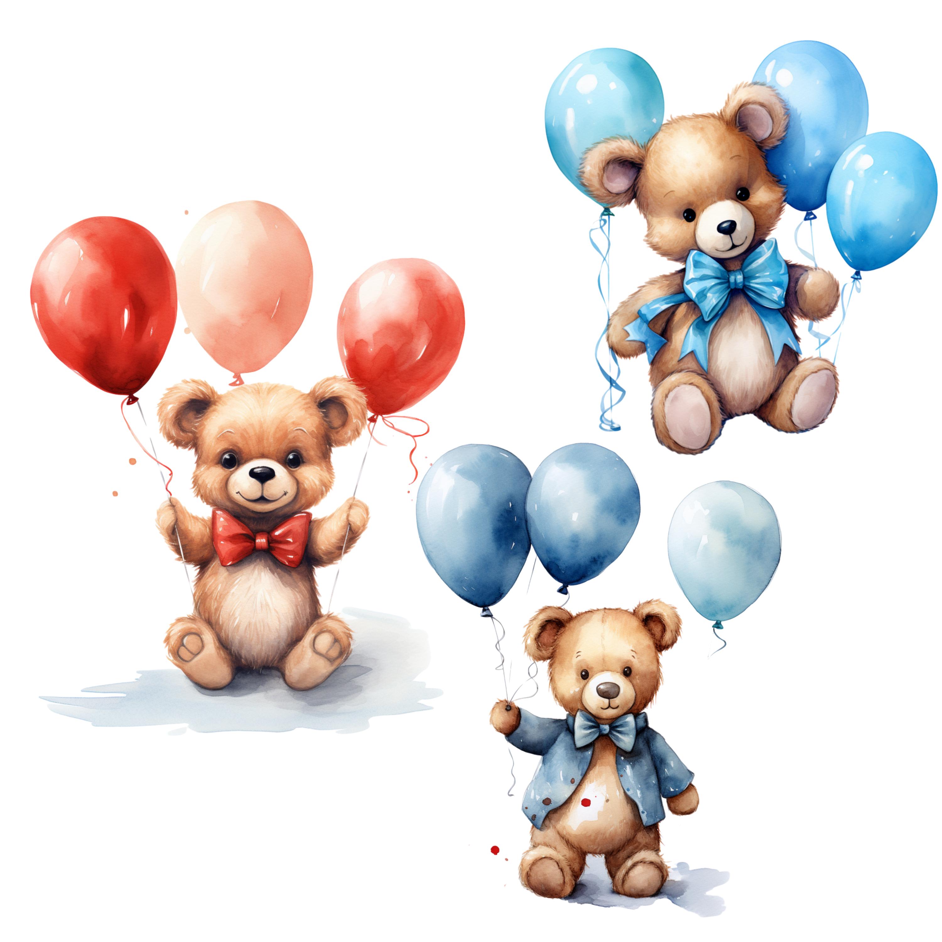 Bear With Balloons Watercolor, Clipart PNG, Digital Download, Teddy ...