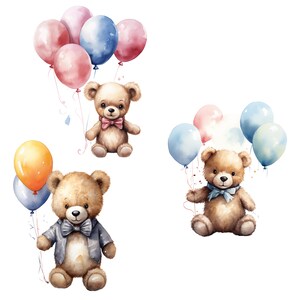 Bear With Balloons Watercolor, Clipart PNG, Digital Download, Teddy ...