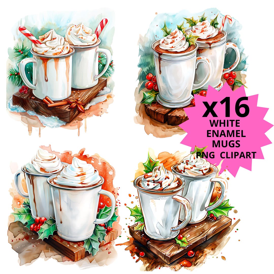 16 X White Enamel Mugs Clipart PNG, Watercolor Hot Chocolate Clipart ...