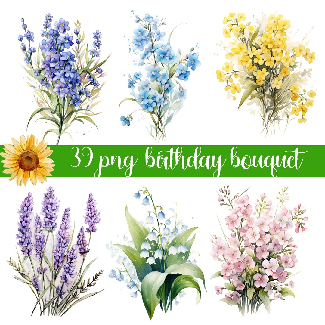 Birthday Bouquet Clipart, Watercolor Birthday Bouquet PNG, Floral Art ...