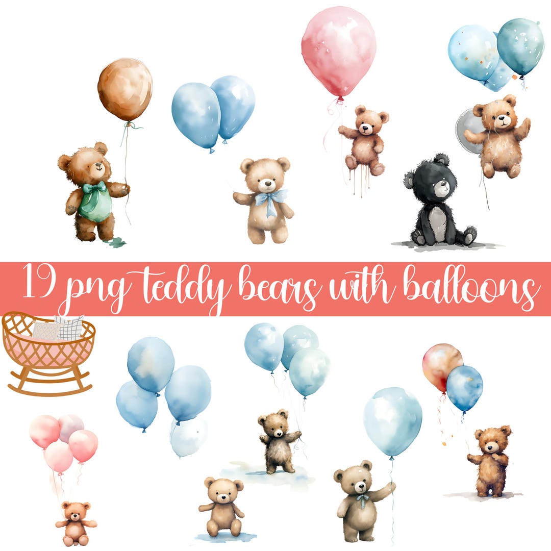 Bear With Balloons Watercolor, Clipart PNG, Digital Download, Teddy ...