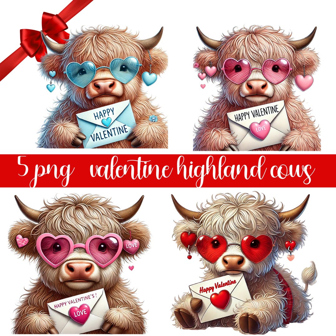 Valentines Highland Cow Clipart, Watercolor Valentines Day Clipart PNG ...