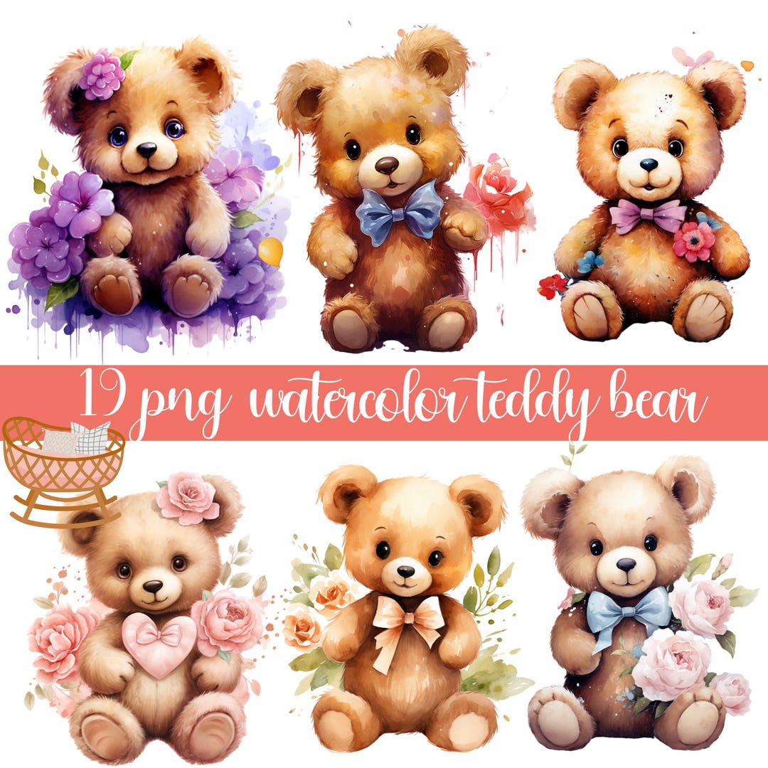 Teddy Bear Watercolor, Clipart PNG, Digital Download, Teddy Bear, Baby ...