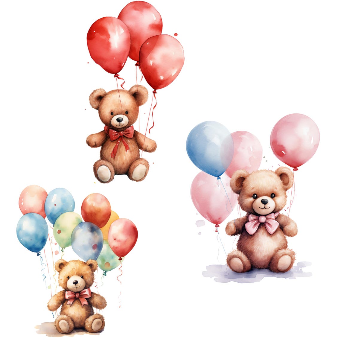 Bear With Balloons Watercolor, Clipart PNG, Digital Download, Teddy ...