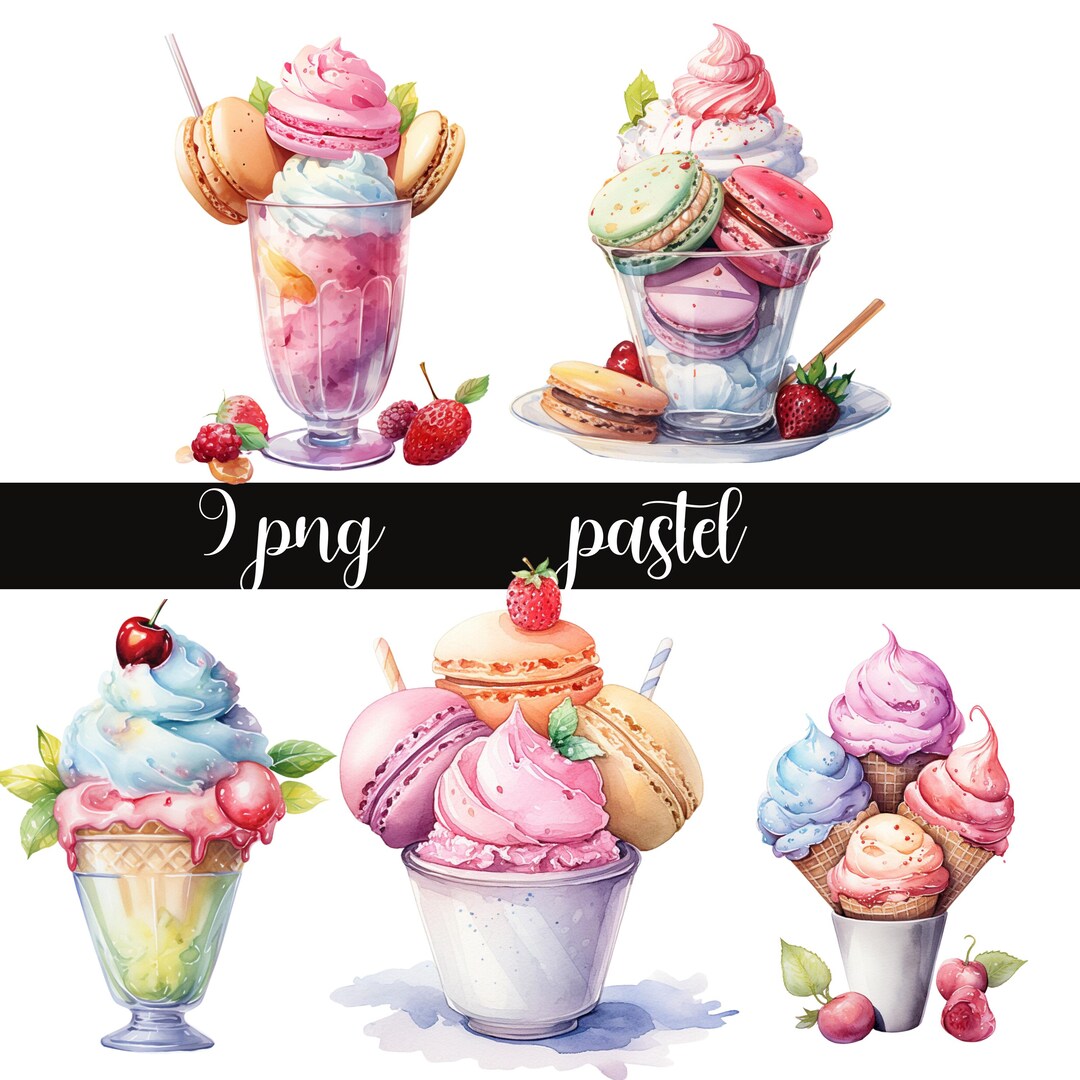 Watercolor Pastel Sweets Clipart, Rainbow Sweet Treats PNG, Icecream ...