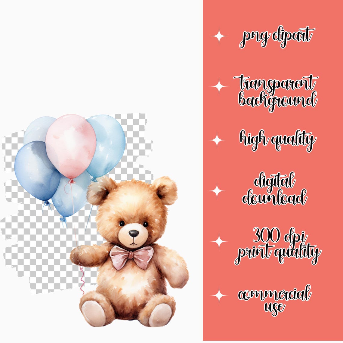 Bear With Balloons Watercolor, Clipart PNG, Digital Download, Teddy ...