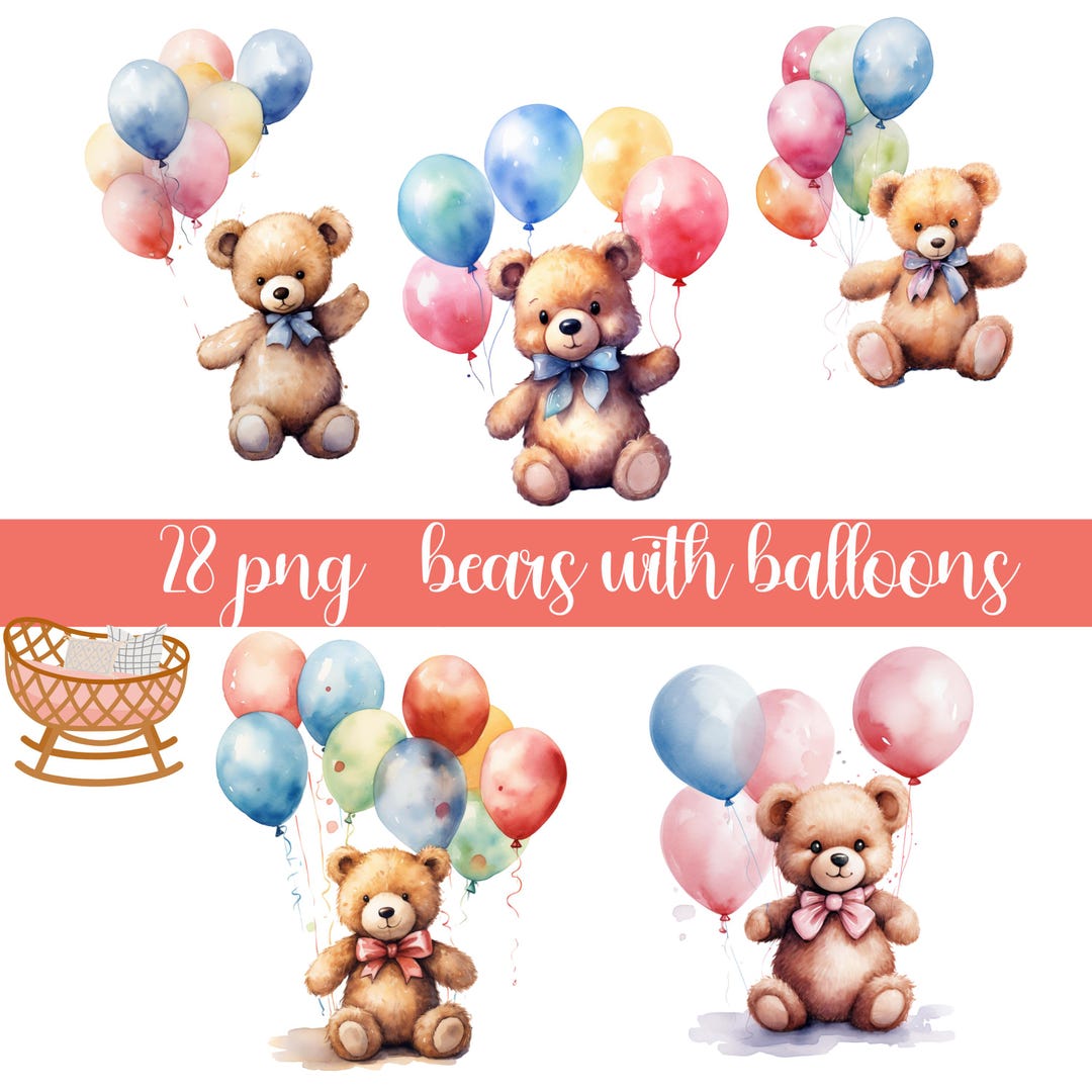 Bear With Balloons Watercolor, Clipart PNG, Digital Download, Teddy ...