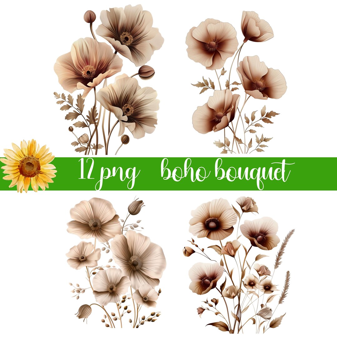 Boho Flowers Bouquet Clipart, Flowers Wall Art, Minimalistic, Printable ...