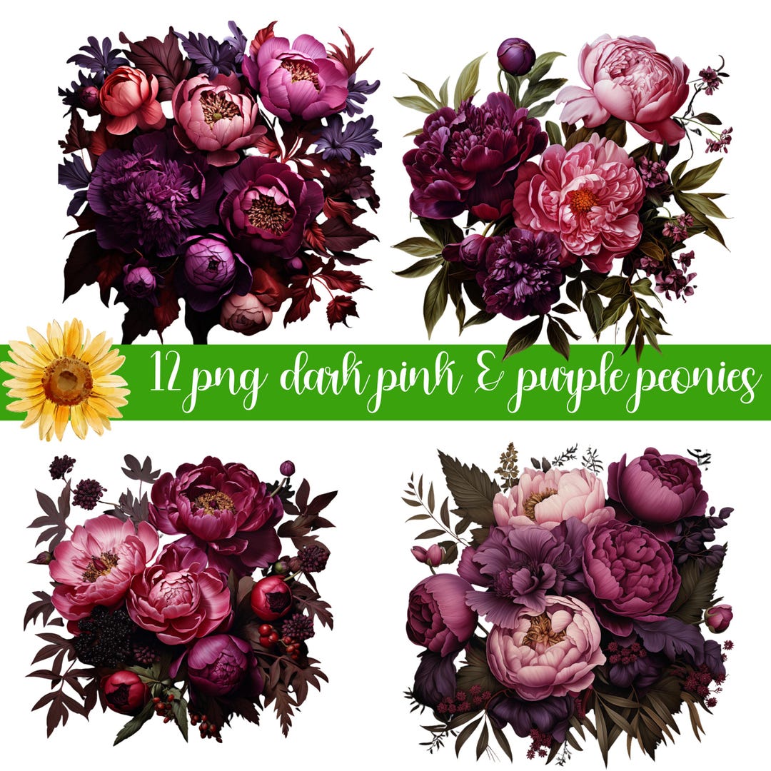 Dark Pink & Purple Peonies Clipart, Peonies Bouquet, Printable ...