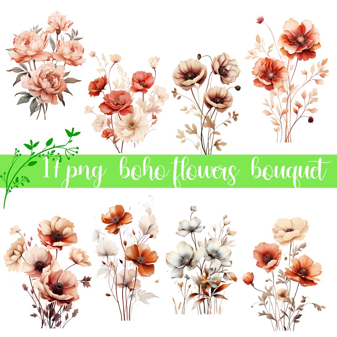 Boho Flowers Bouquet Clipart, Flowers Wall Art, Minimalistic, Printable ...