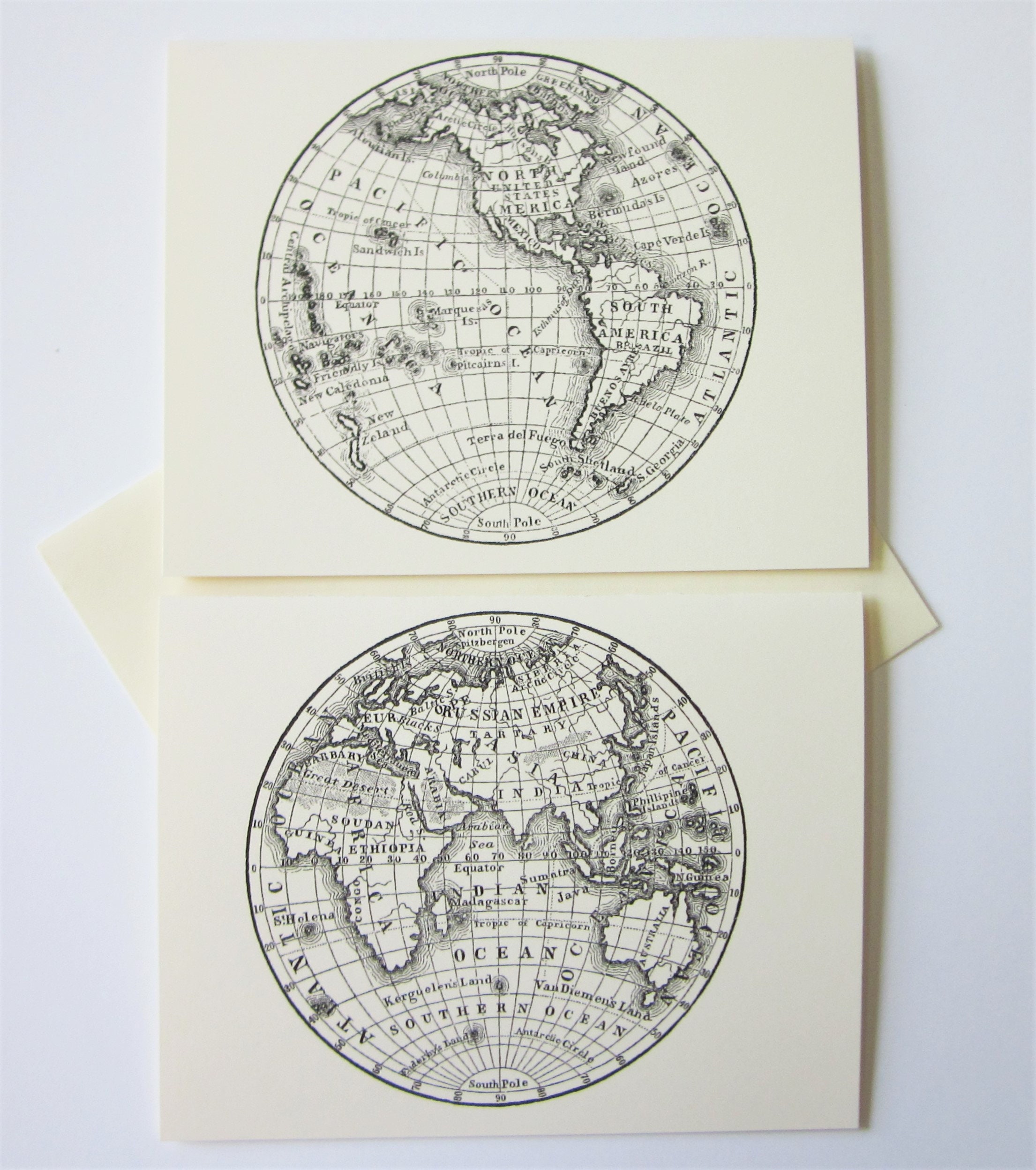 World Map Globe Note Cards Set of 10 With Matching Envelopes - Etsy