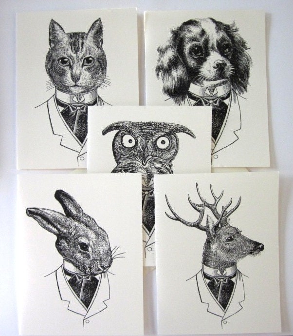Animal Cards Set of 10 in White or Light Ivory With Matching Envelopes ...