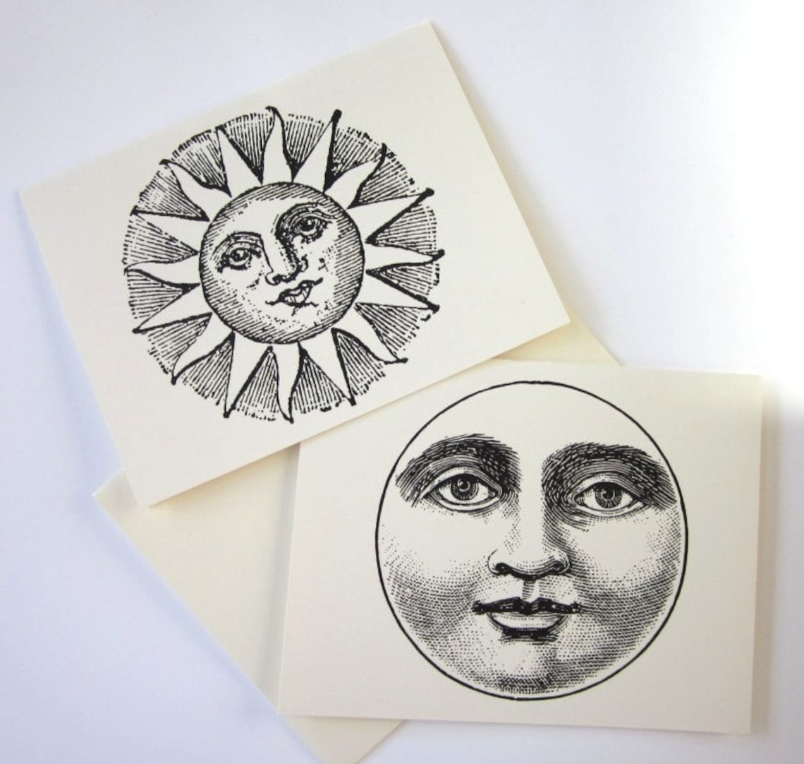 Sun Moon Face Note Card Set of 10 in White or Light Ivory With | Etsy