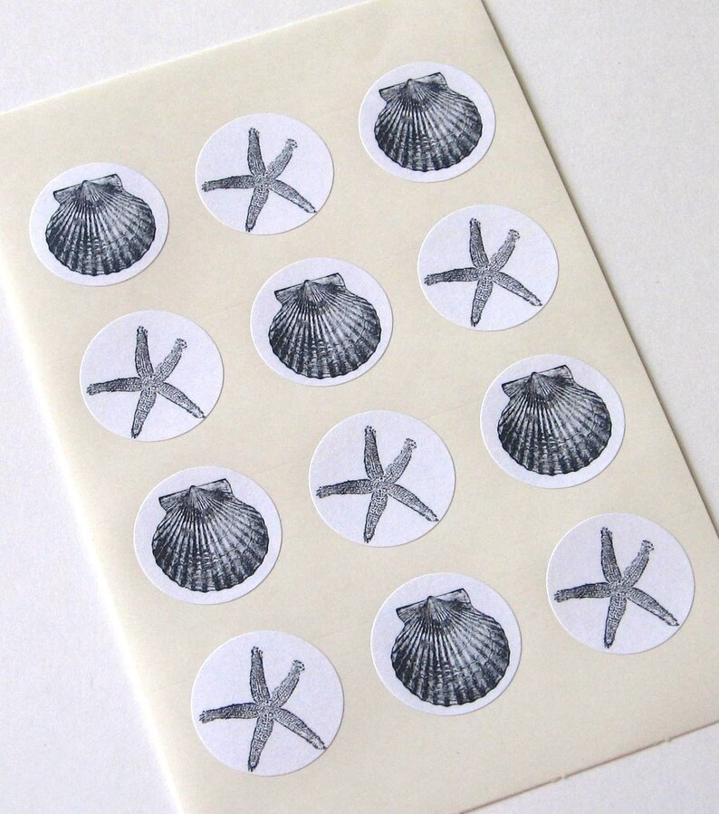 Shell and Starfish Stickers One Inch Round Seals - Etsy