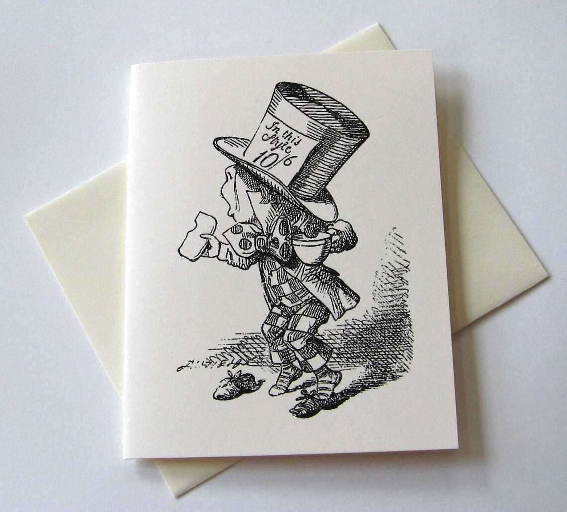 Set of 12 Mad Hatter Note Cards in White or Light Ivory With | Etsy