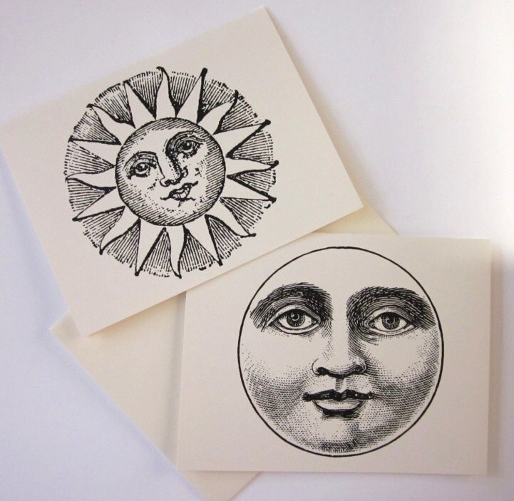 Sun Moon Face Note Card Set of 10 in White or Light Ivory With | Etsy
