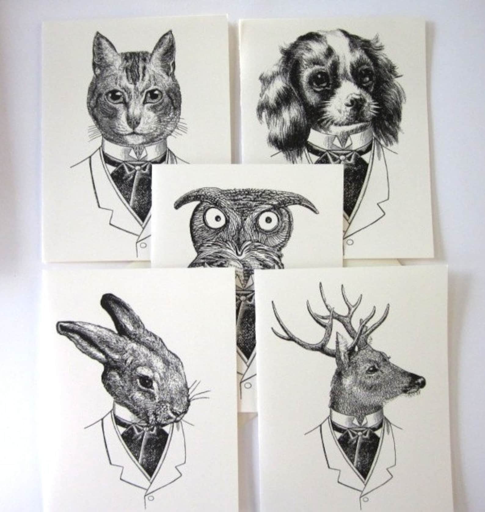 Animal Cards Set of 10 in White or Light Ivory With Matching - Etsy