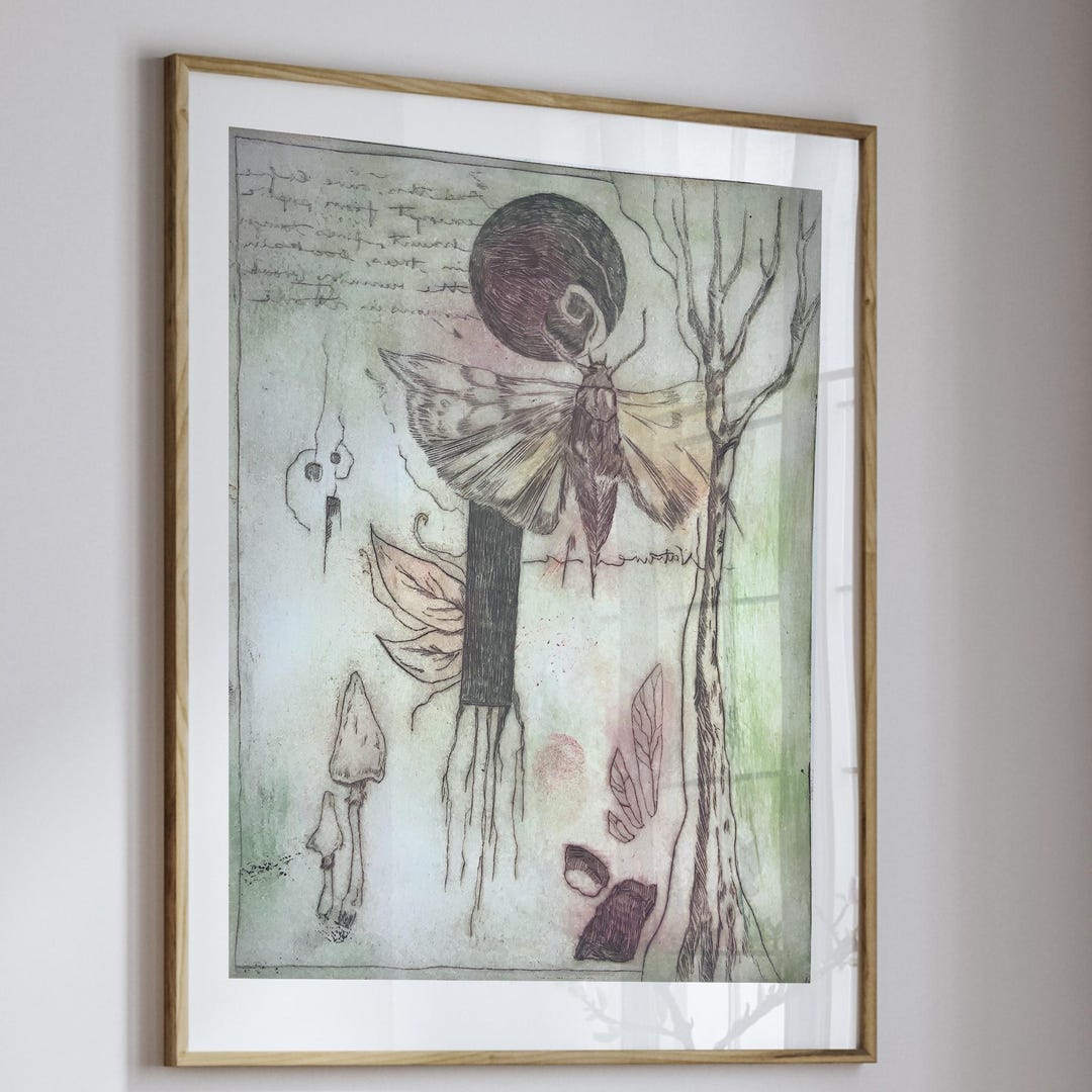 Drypoint Etching Digital File - Nature Study in Green and Pink ...