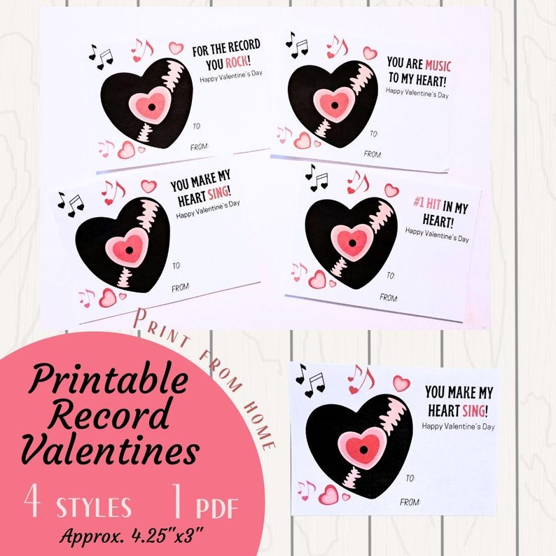 Printable Record Valentine Cards PDF Music Valentines for Classrooms ...