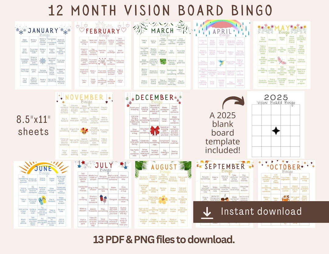 2025 Printable Vision Board Bingo - 12 Months and 1 Blank Vision Board ...