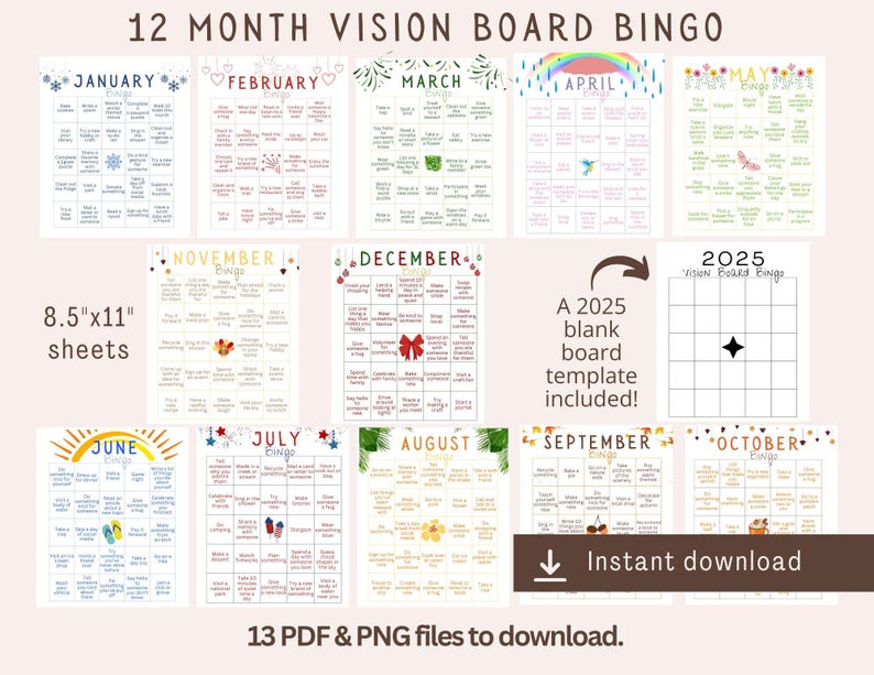2025 Printable Vision Board Bingo - 12 Months and 1 Blank Vision Board ...