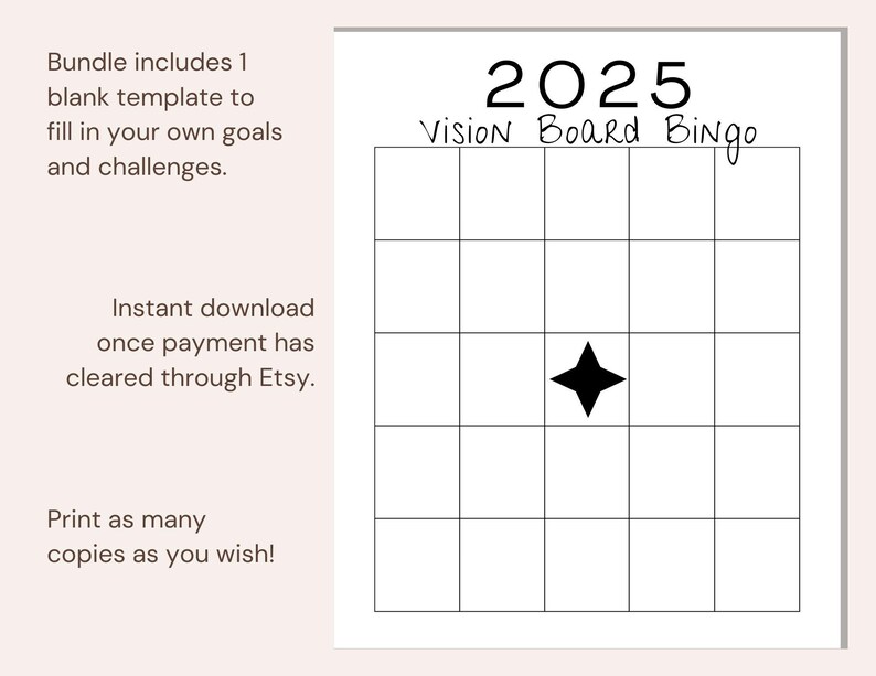 2025 Printable Vision Board Bingo - 12 Months and 1 Blank Vision Board ...