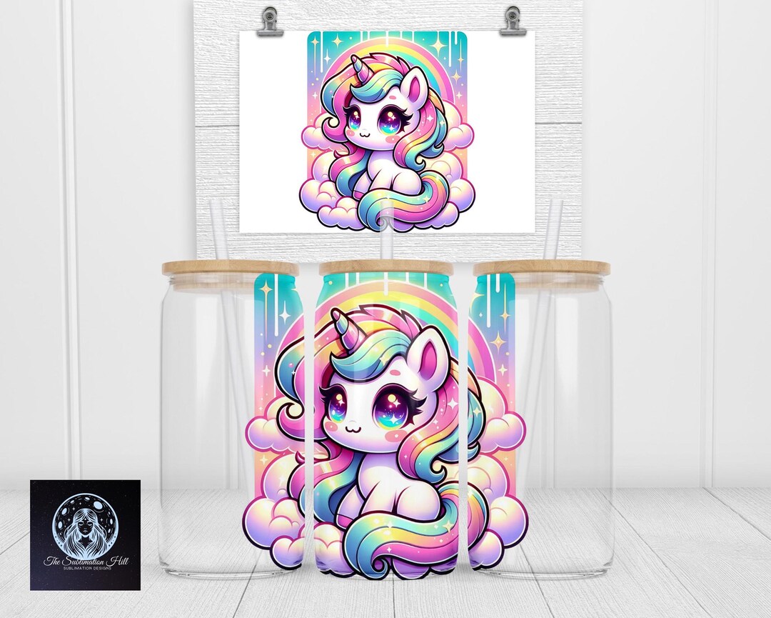 Kawaii Unicorn PNG, 16oz Glass Jar Y2K Chibi Anime Design With Rainbow ...