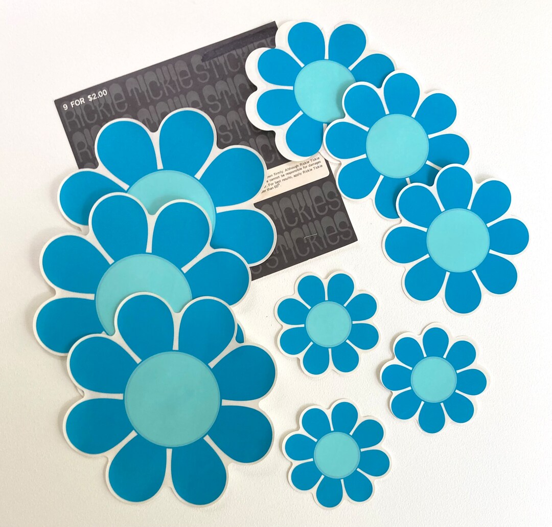 Rickie Tickie Stickies, 9 Blue & Aqua Vintage Flower Power Stickers ...