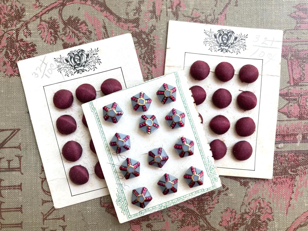 3 Antique Button Cards: 24 Silky Fabric Round & 12 Jewel Toned Burgundy ...