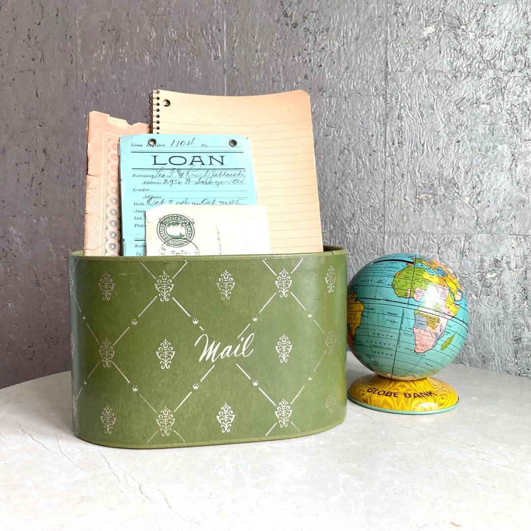 Vintage Olive Green Leatherette Mail Bin Organizer, Classic 1950-60s ...