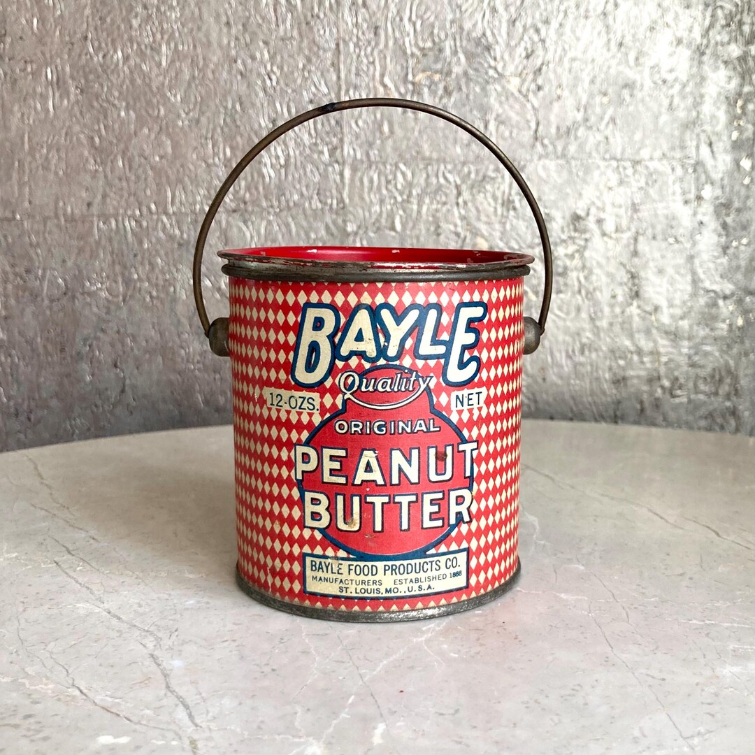 Bayle Peanut Butter Pail, Early Tin Litho 12 Oz. Container Red & White Harlequin Graphics, St ...