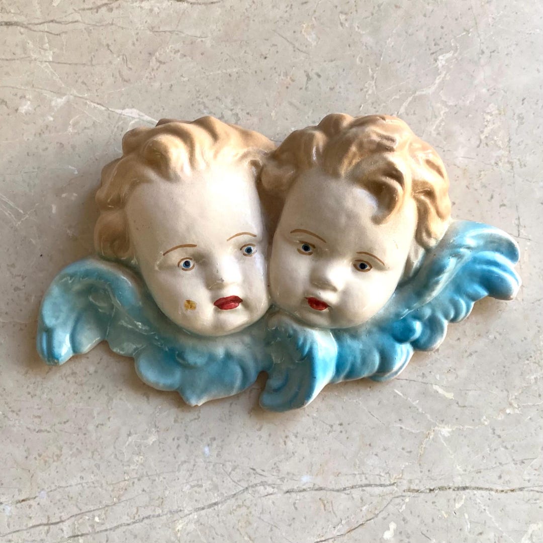 Angel Cherubs Wall Plaque, Aqua Painted Chalkware, Vintage Victorian ...