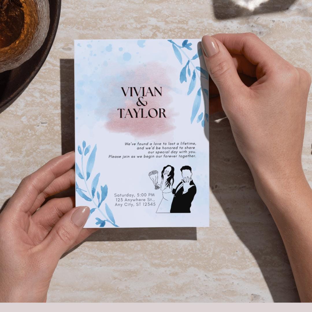 Blue Themed Wedding Invitation Template With Cute Couple Drawing - Etsy