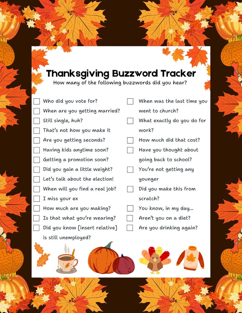 Thanksgiving Buzzword Tracker Checklist - Fun Thanksgiving Activity ...
