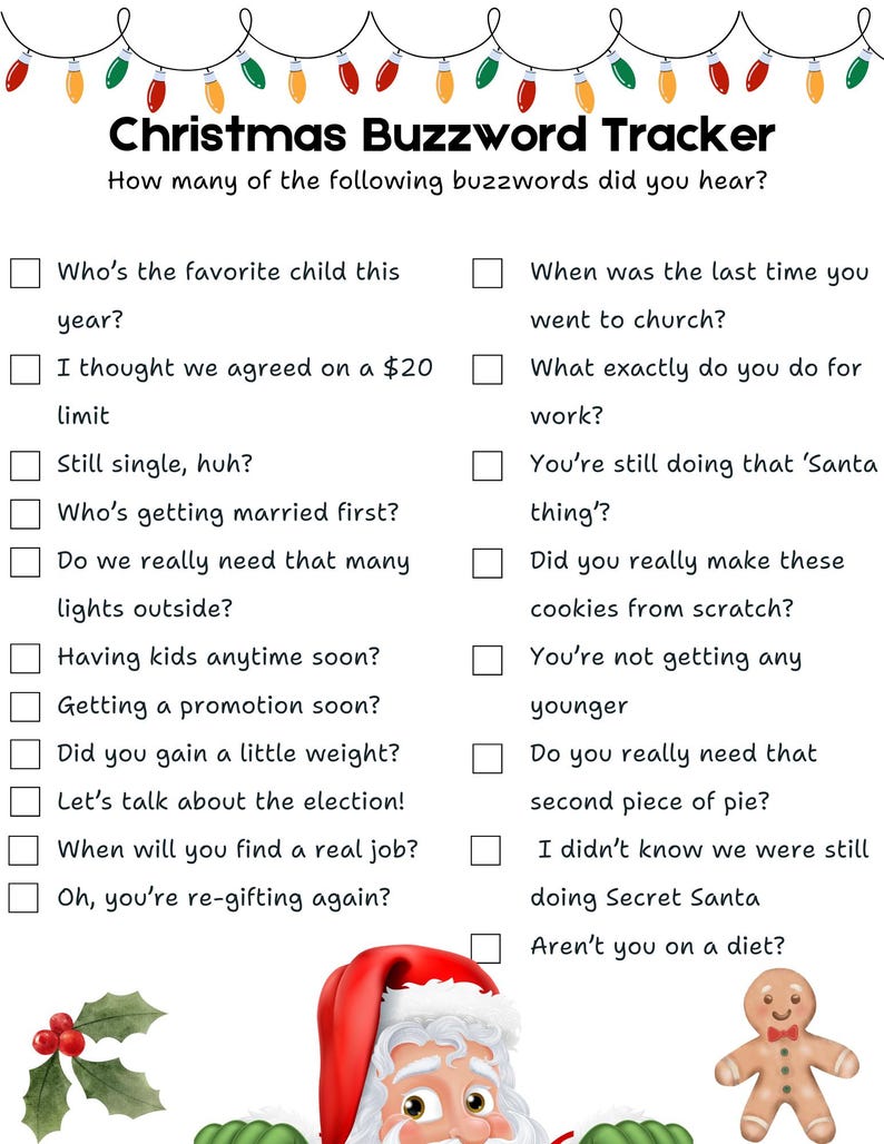 Christmas Buzzword Tracker Checklist - Fun Christmas Activity! Instant ...