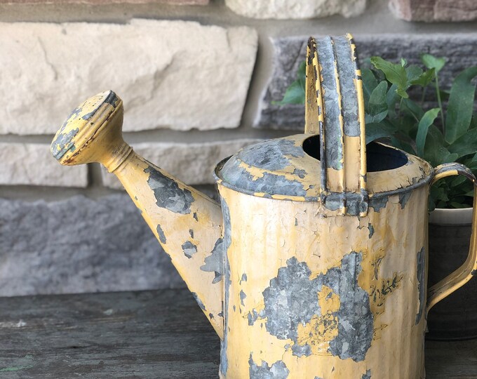Watering Can Vintage Shabby Galvanized Old Yellow Paint - Etsy